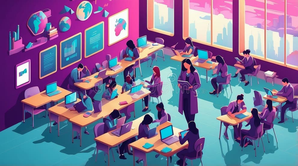 Isometric Vector of Digital Classroom with Students and Teacher in Cool ...