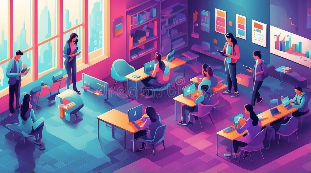 Isometric Vector of Digital Classroom with Students and Teacher in Cool ...