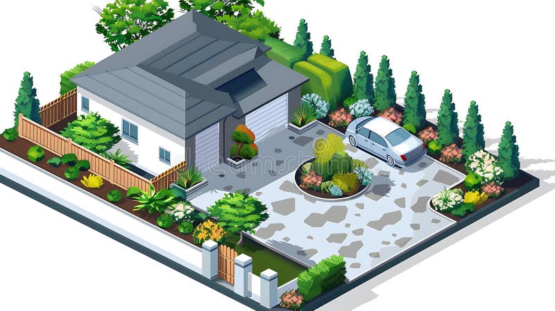 Isometric of a Front Yard Landscaping Design with Driveway and ...