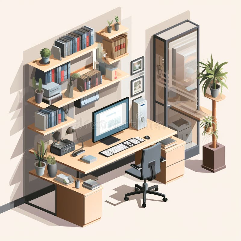 Isometric Vector Graphic of a Minimalistic Office Interior - Organized ...