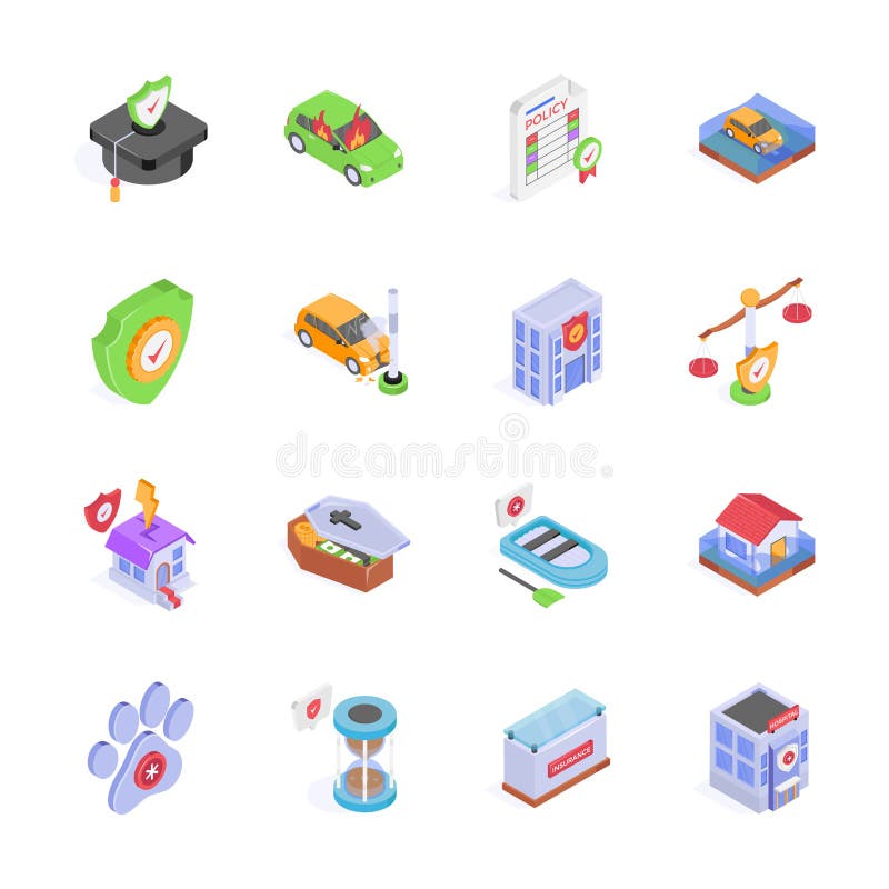 Isometric Vector Icons Representing Various Insurance Types Stock ...