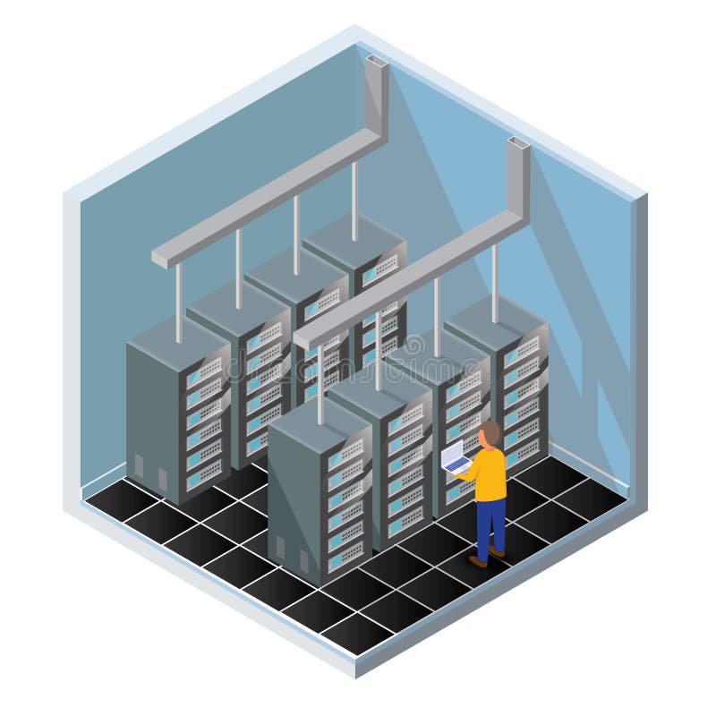 Isometric Vector Illustration Diagnostic Test in a Server Computer Room ...