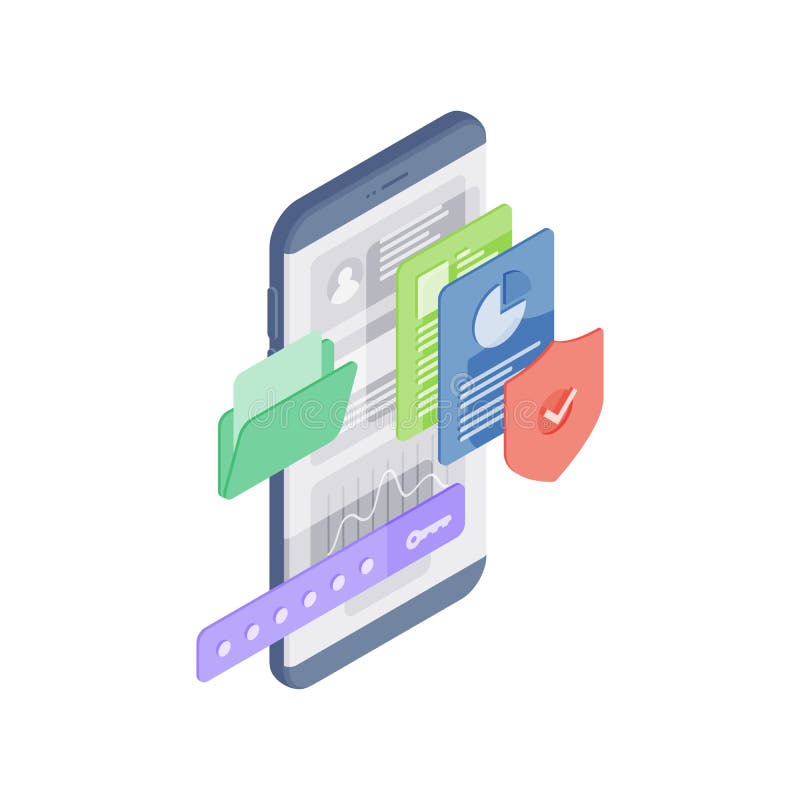 Cartoon Mobile App with Protected Data. Isometric Illustration Stock ...