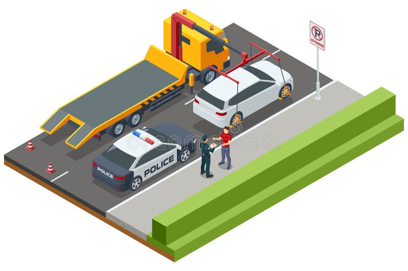 Isometric Vector Illustration of a Tow Truck Impounding a Vehicle while ... Isometric Vector Illustration of a Tow Truck Impounding a Vehicle while ...