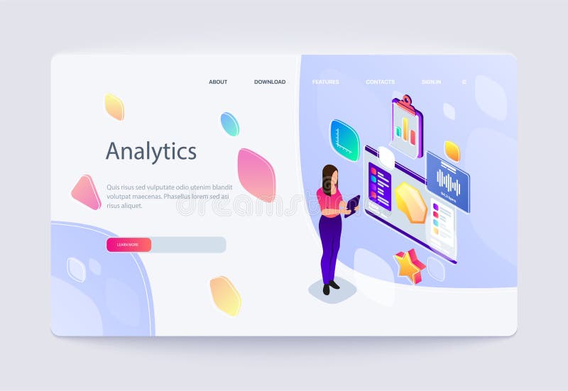 Isometric Vector Illustration of a Woman with Analytics Graphics on a ...