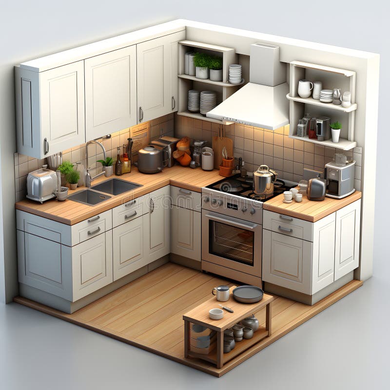 Isometric Kitchen with Cabinets and Built in Features 3d Model Stock ...