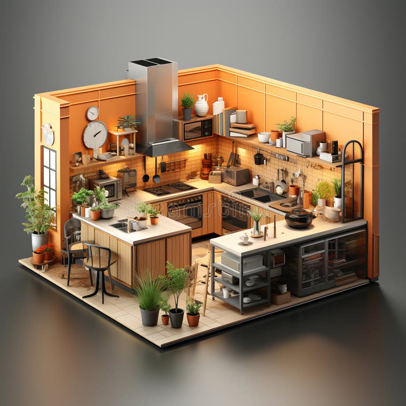 Isometric Kitchen with Cabinets and Built in Features 3d Model Stock ...