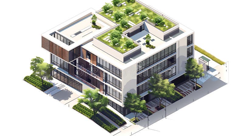 Isometric of a LEED-certified Office Building with Green Roofs and ...