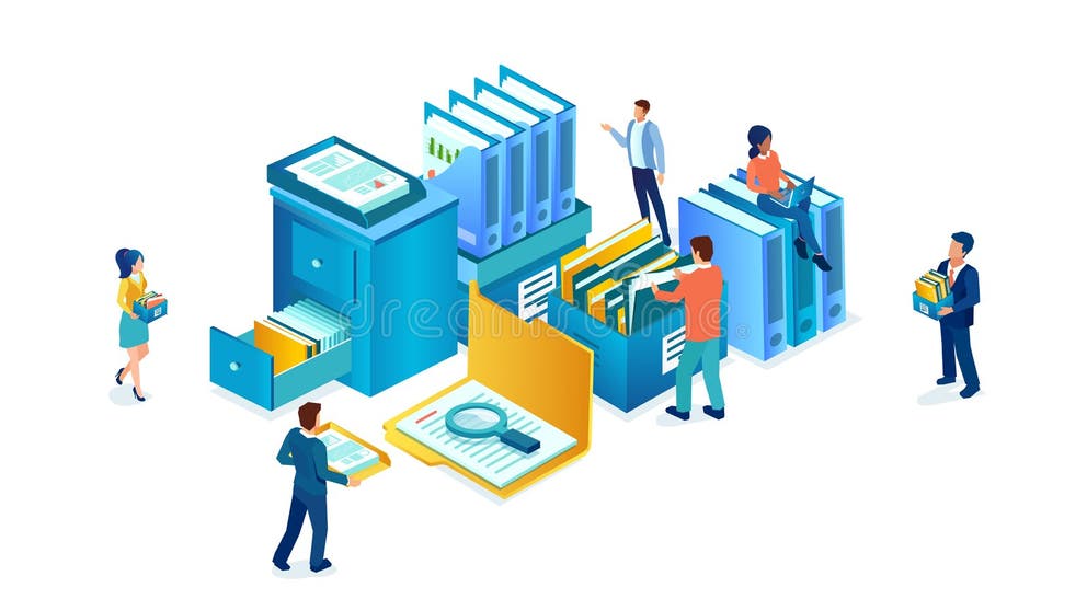 Vector of Office Employees Managing Paper Documents, File Folders, and ...