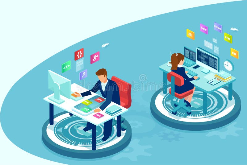 Isometric Vector Of A Programmers Software Engineers Coding Computers Stock Vector