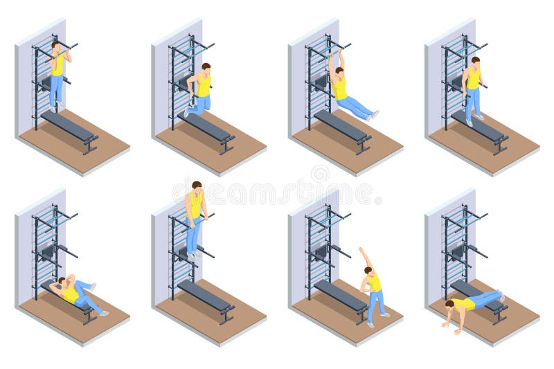 Isometric Vector Set of Exercises Pull-ups, Dips, Leg Raises, Crunches ...