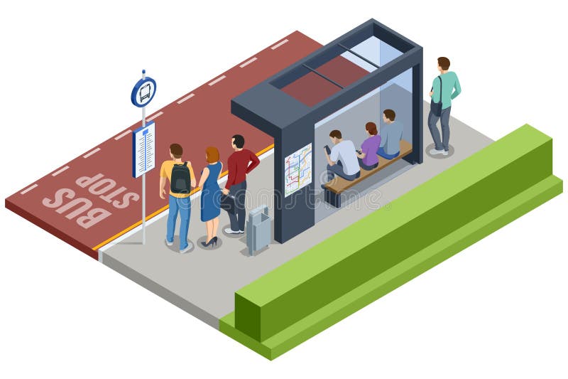 Isometric Vector Showing a High-tech Bus Stop with Interactive Ticket ...