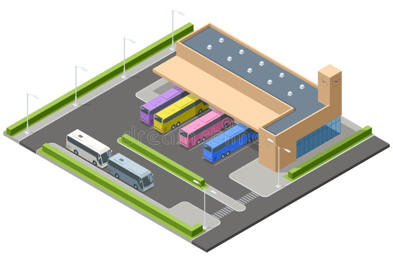 Isometric Vector Showing a Large Bus Terminal with Multiple Colored ...