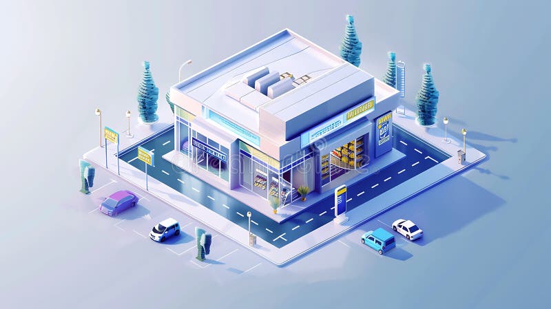 Isometric of a Smart Retail Building Featuring Automated Checkout and ...
