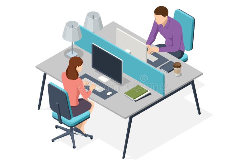 Isometric Vector of Two People Working at a Dual Workstation, Separated ...