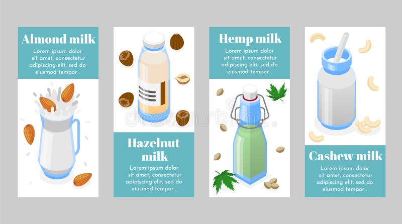 Isometric Vegan Milk Vertical Card Collection Stock Illustration ...