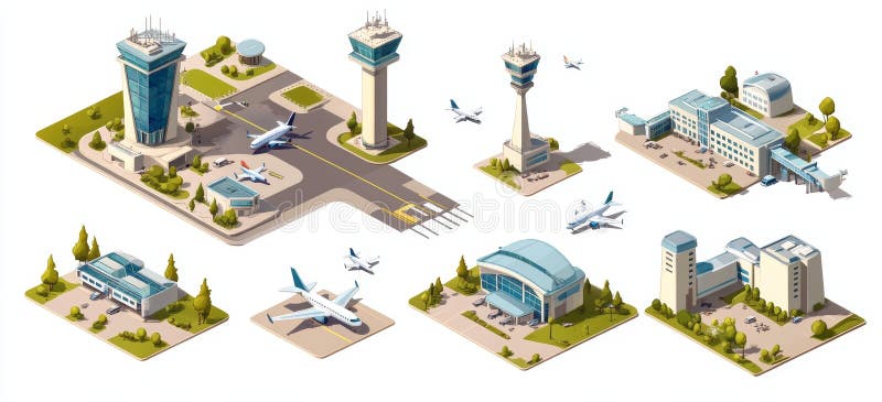 An Isometric View of an Airport Building and Runway with a Plane Taking ...
