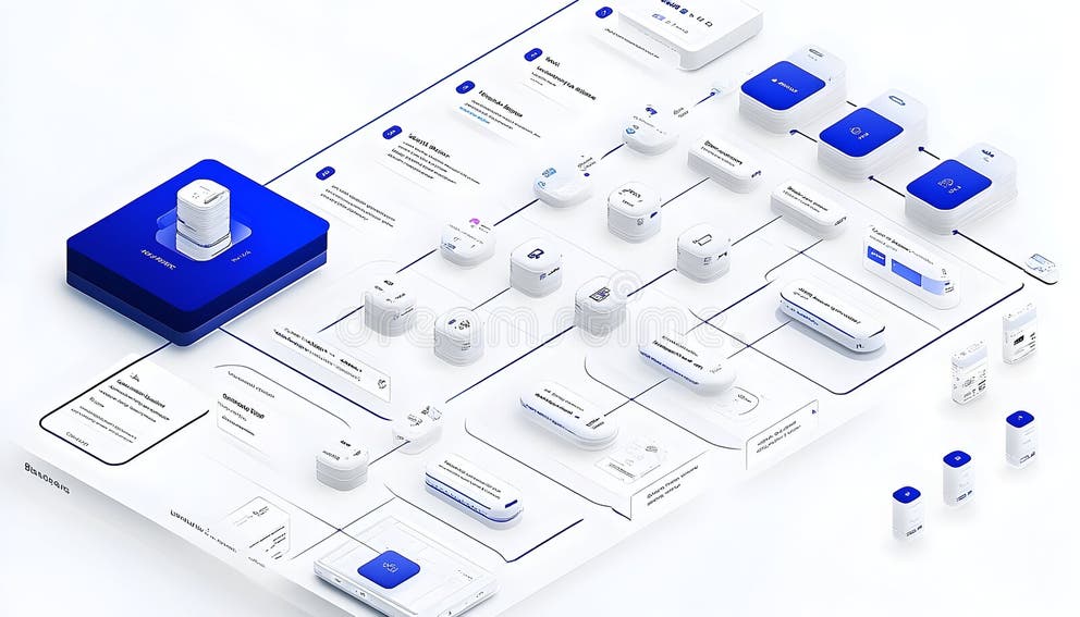 Isometric View of Application Flowchart, Diagram Featuring Various Ui ...