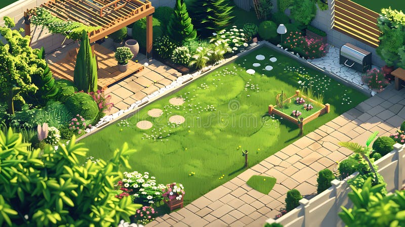 Isometric View of a Backyard with a Patio, Lawn, and Flower Beds Stock ...