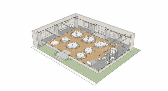 Isometric View of a Banquet Hall Layout. Features Include Six Round ...