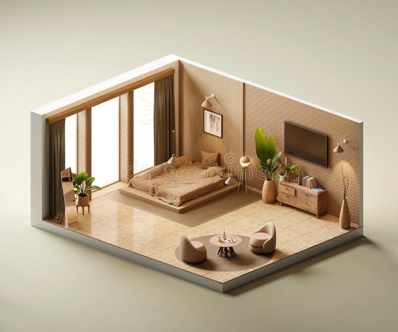 Isometric View Bed Room Open Inside Interior Architecture 3d Rendering ...