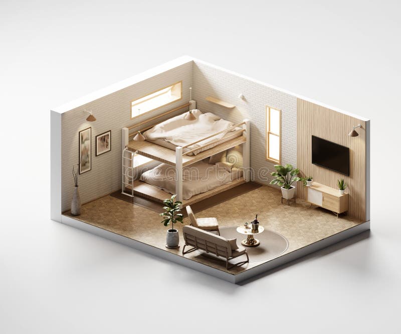 Isometric View Bed Room Open Inside Interior Architecture 3d Rendering ...