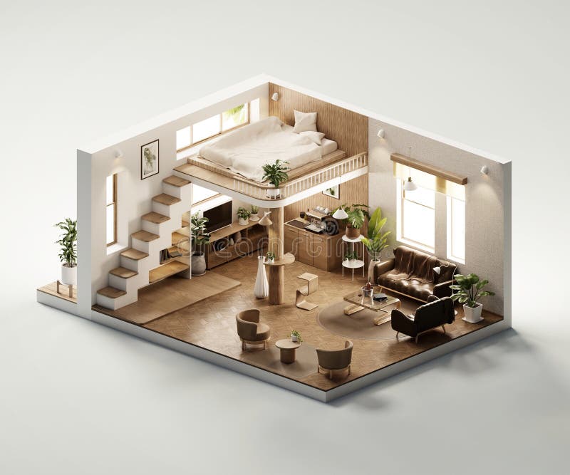 Isometric View Living Room Muji Style Open Inside Interior Architecture ...