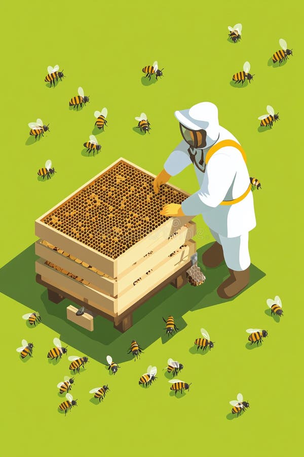 Isometric View of a Beekeeper Examining a Hive with Bees. Stock ...