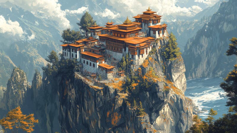 Isometric View of Bhutan Tiger Nest Monastery Perched on a Cliffside ...