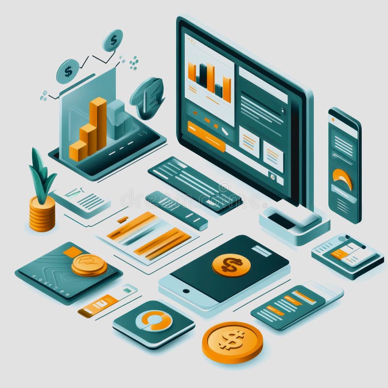 Isometric View of Business and Finance Tools with Charts, Graphs ...