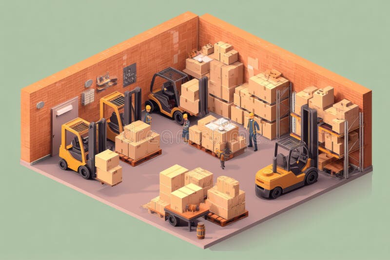 Isometric View of a Busy Warehouse Featuring Forklifts, Packing Staff ...