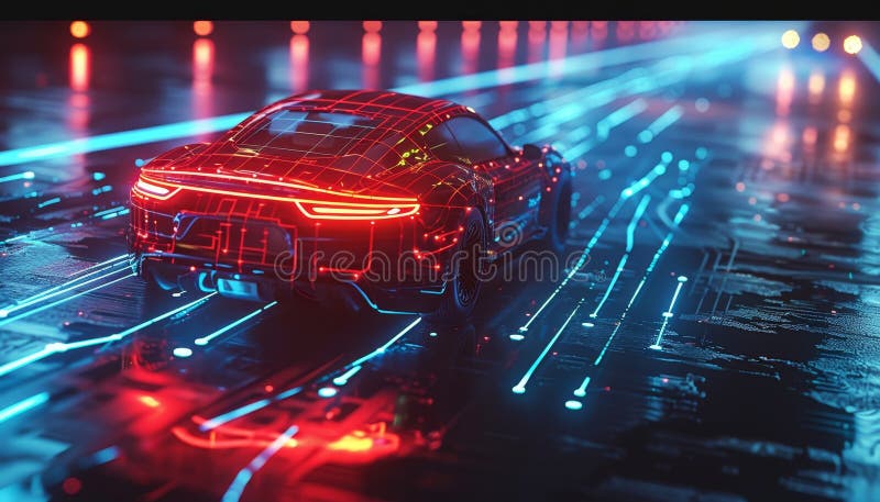 Isometric View of a Car Model with Glowing Circuit Lines on a Dark ...