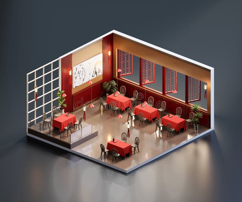 Isometric View Chinese Restaurant Open Inside Interior Architecture, 3d ...