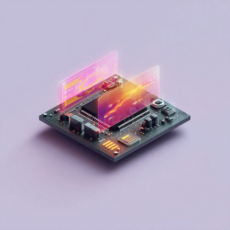 Isometric View of a Circuit Board with Glowing Data Visualizations ...