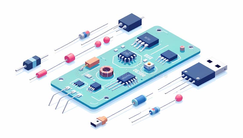 Isometric View of a Circuit Board with Various Electronic Components ...