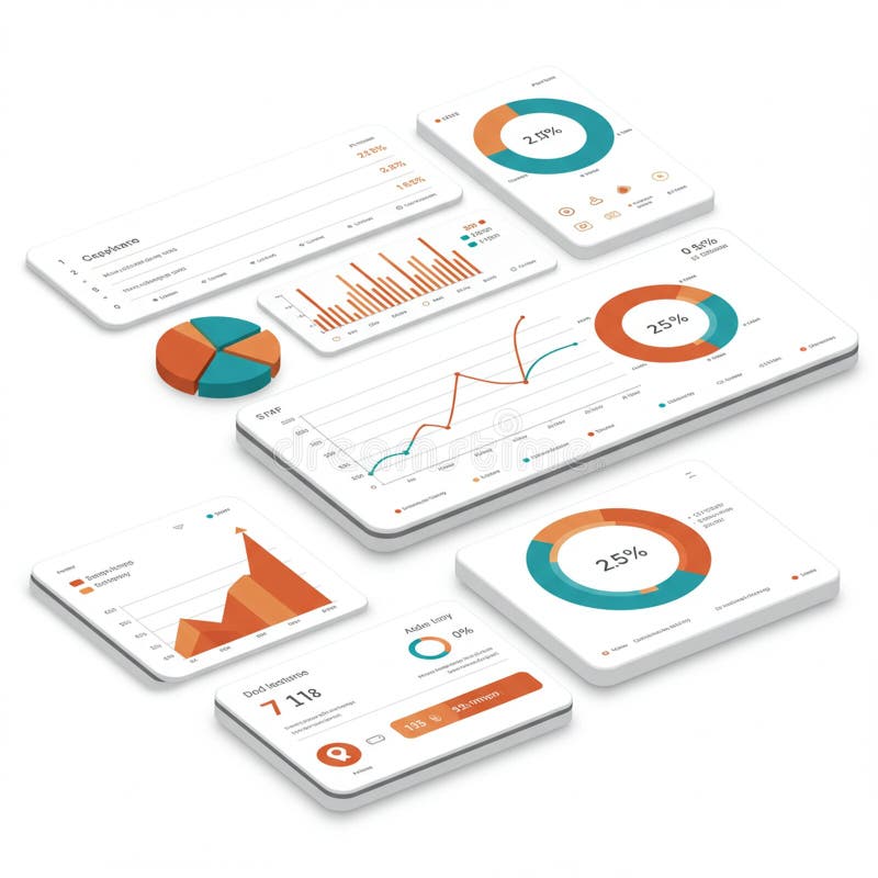 Isometric View of a Collection of Digital Charts and Graphs on a White ...