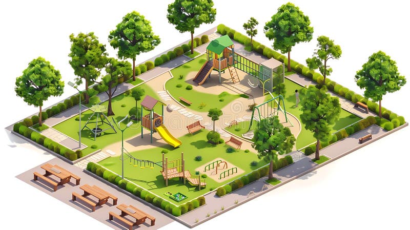 Isometric View of a Community Park with a Playground, Picnic Tables ...