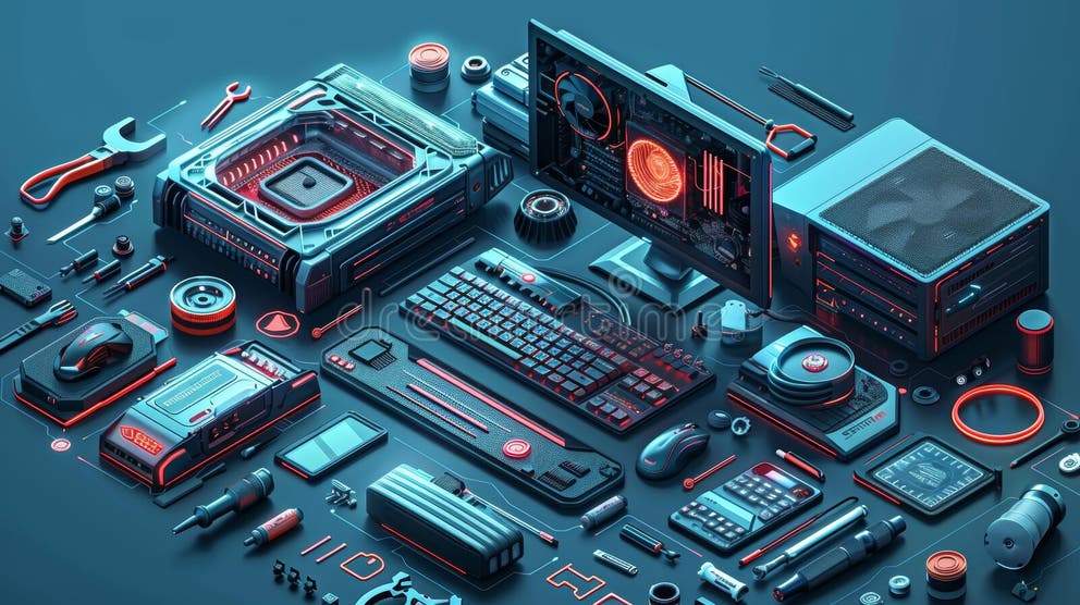 Isometric View of a Computer Hardware Setup, Including a CPU, Keyboard ...