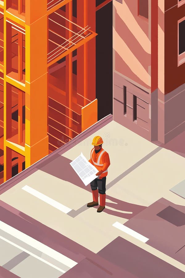 Isometric View of a Construction Worker with a Helmet Holding a ...