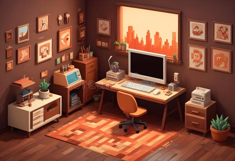 Isometric View of a Cozy Room with a Computer Desk, Chair, Vintage ...