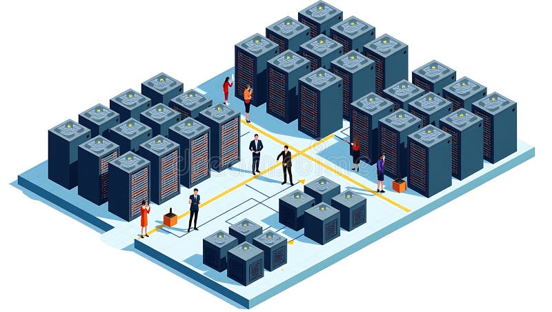Isometric View of a Data Center with Servers and Personnel Stock ...