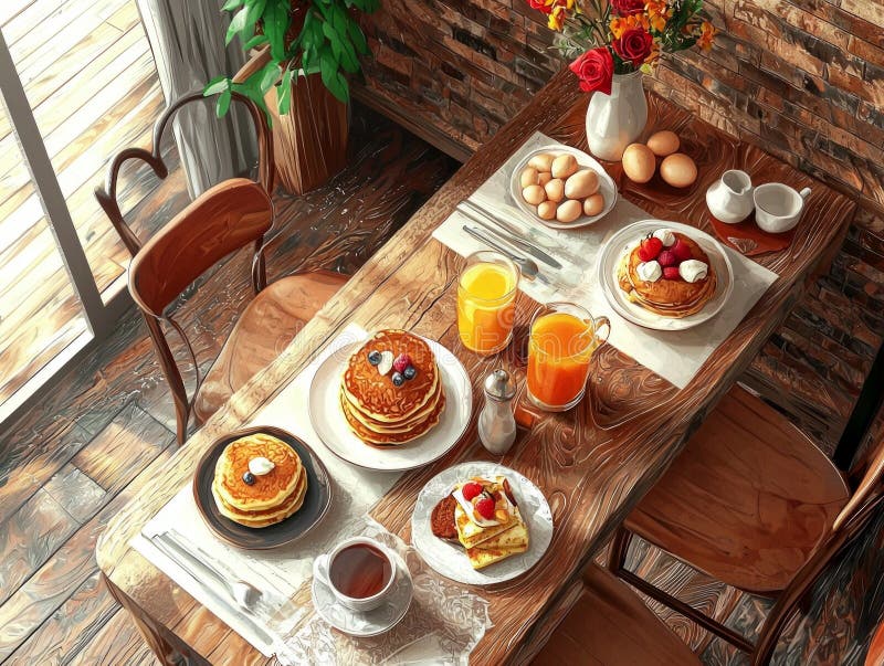 Isometric View Delightful Breakfast Spread Featuring Fluffy Pancakes ...
