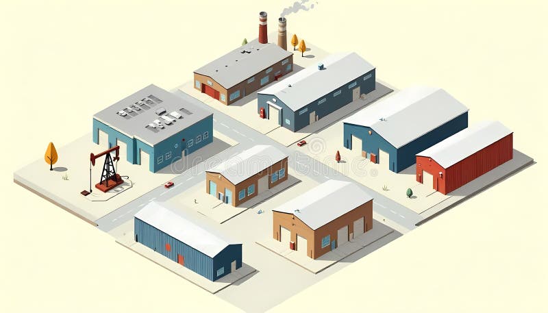 Isometric View of a Detailed Industrial Complex with Various Warehouses ...
