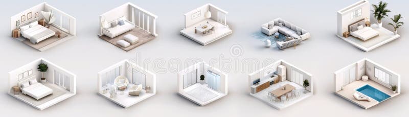 Isometric View of 10 Different Room Layouts Stock Illustration ...