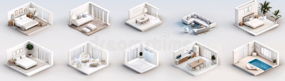 Isometric View of 10 Different Room Layouts Stock Illustration ...