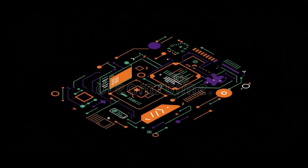 Isometric View of a Digital Circuit Board with Integrated Circuits, Connectors, and ...