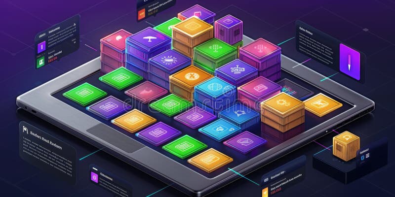 Isometric View of a Digital Interface with Colorful App Blocks on a ...