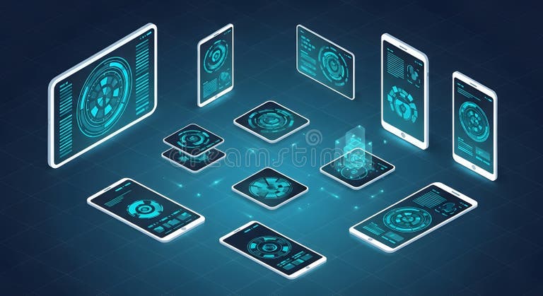 Isometric Technology Interface Displays with Futuristic Data on ...