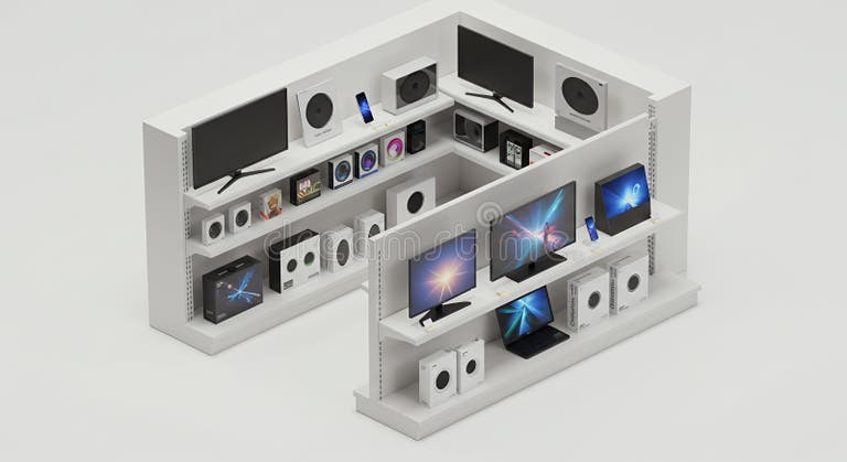 Isometric View of Electronics Display Shelves on White Background in 3D ...