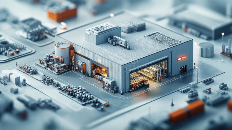 An Isometric View of a Factory with a Large Building, Machinery, and a ...